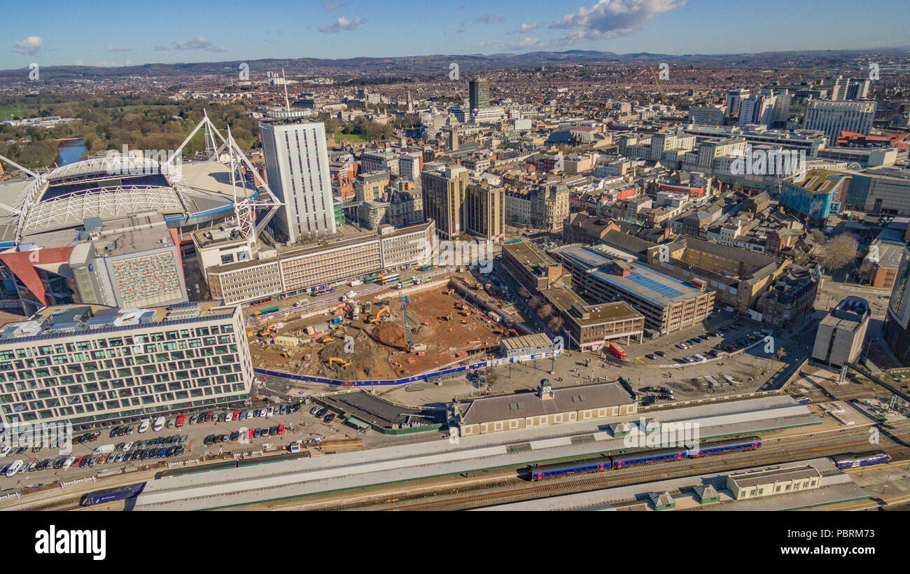 An aerial view of Wales’ Principality Stadium and Cardiff City Centre ...