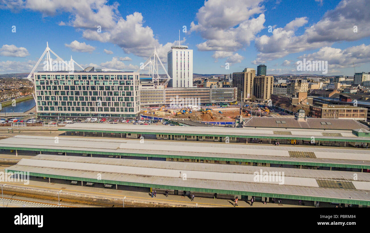 Aerial views of Cardiff city centre with Central Square, home of the ...