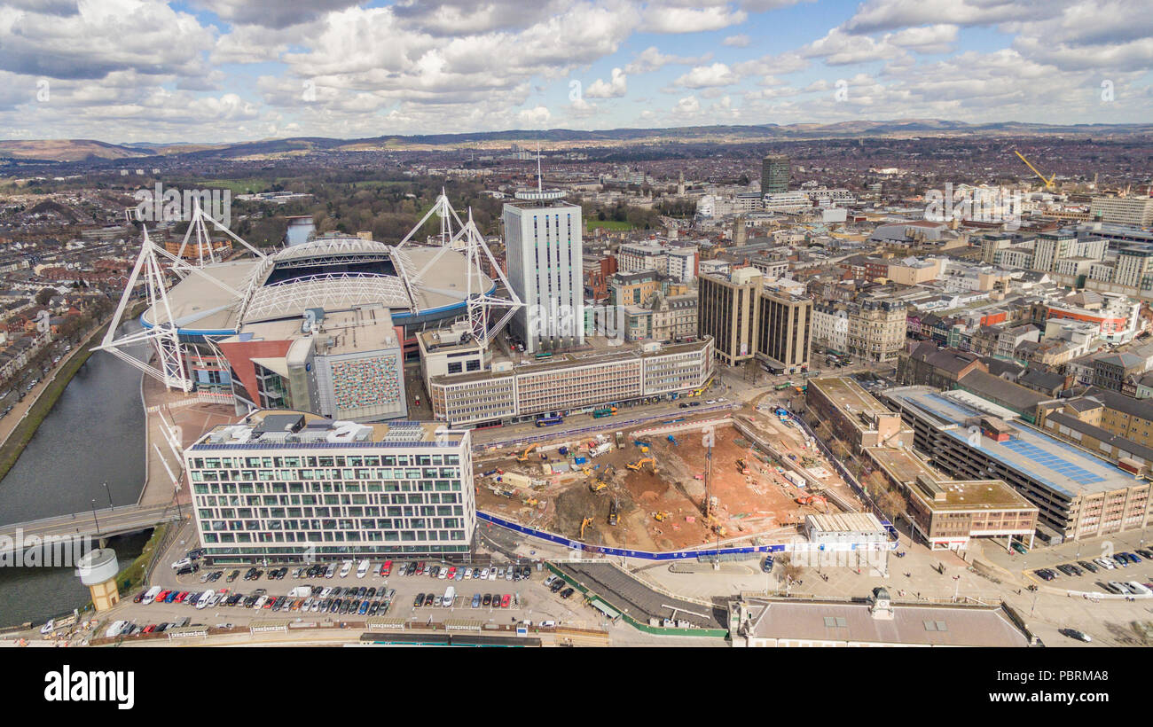 An aerial view of Wales’ Principality Stadium and Cardiff City Centre ...