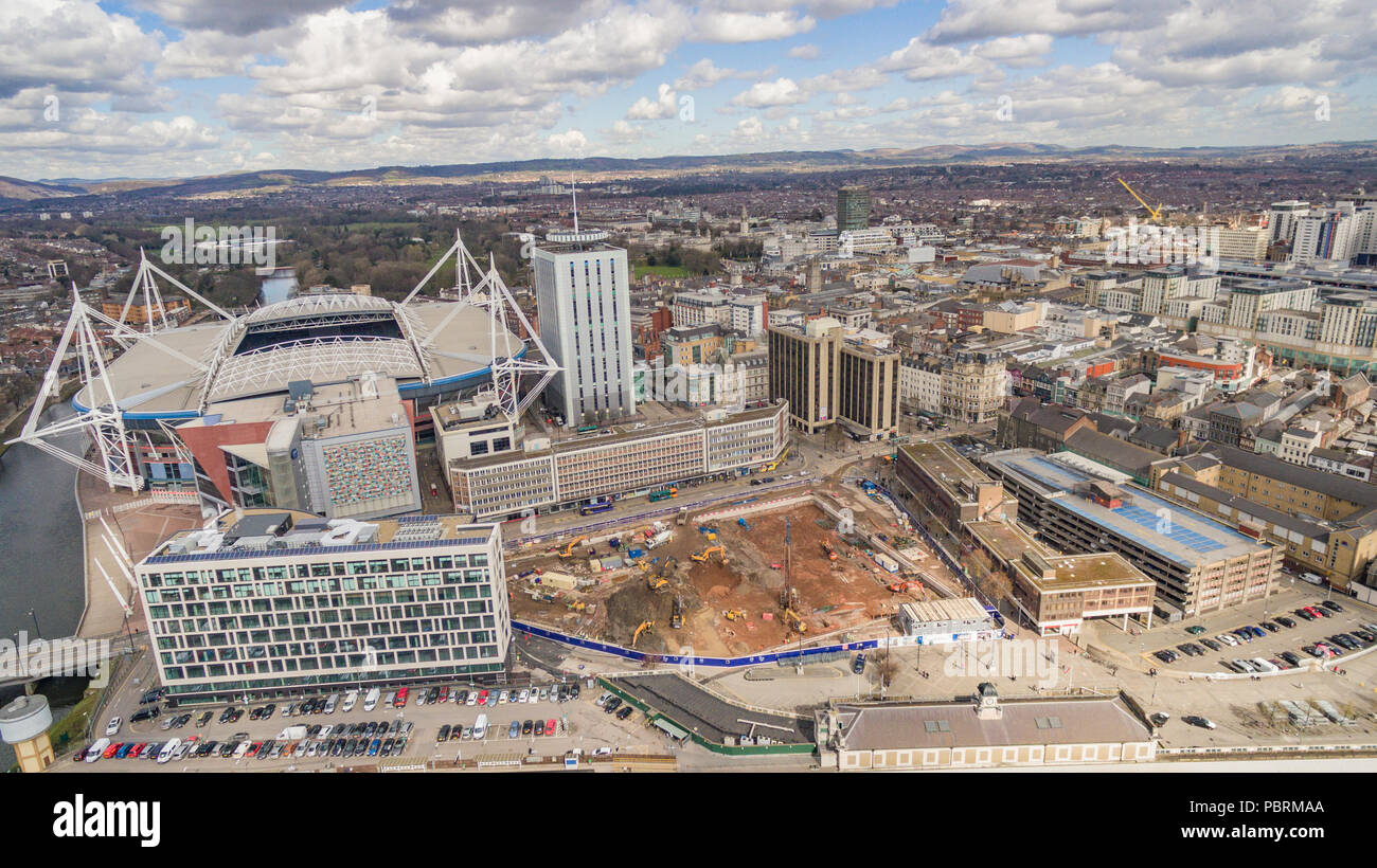 An aerial view of Wales’ Principality Stadium and Cardiff City Centre ...