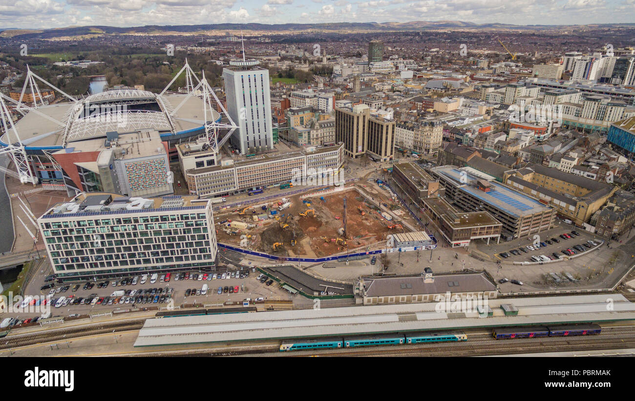 An aerial view of Wales’ Principality Stadium and Cardiff City Centre ...