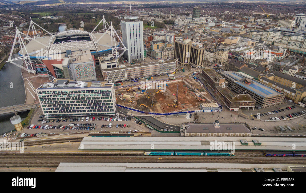 An aerial view of Wales’ Principality Stadium and Cardiff City Centre ...