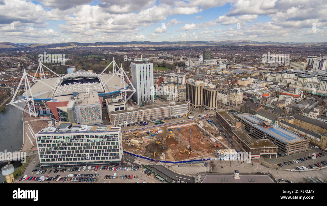 An aerial view of Wales’ Principality Stadium and Cardiff City Centre ...