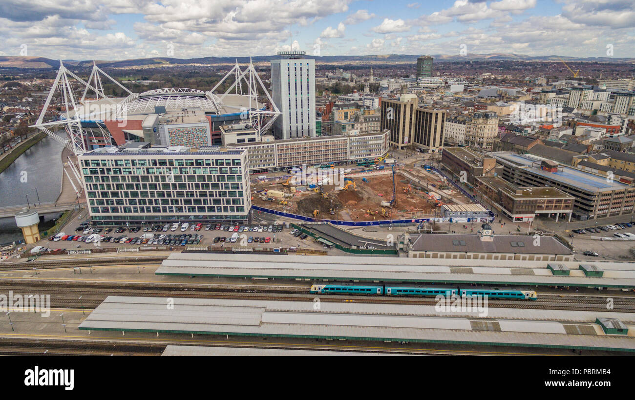 An aerial view of Wales’ Principality Stadium and Cardiff City Centre ...