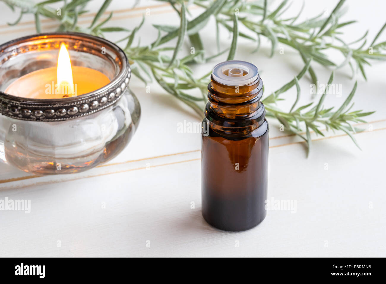 A bottle of wormwood essential oil with fresh Artemisia Absinthium ...