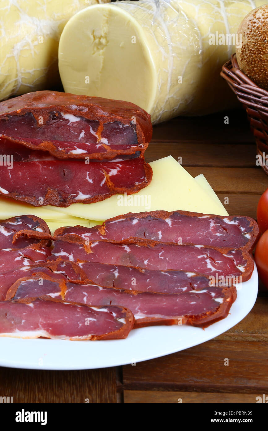 Pastirami / Pastourmás / Pastrama / Slices dried beef coated spices on ...