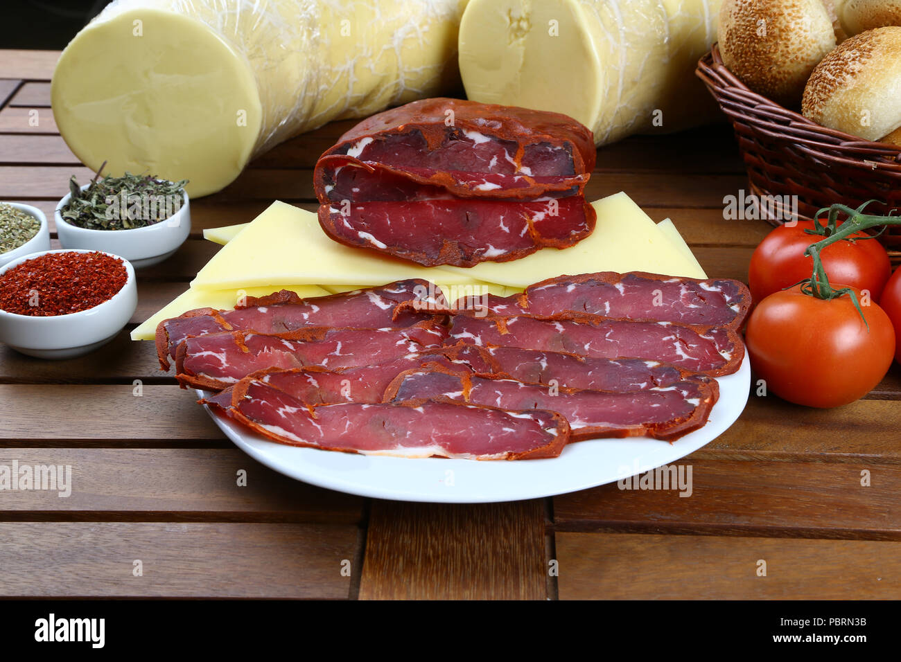 Pastirami / Pastourmás / Pastrama / Slices dried beef coated spices on ...