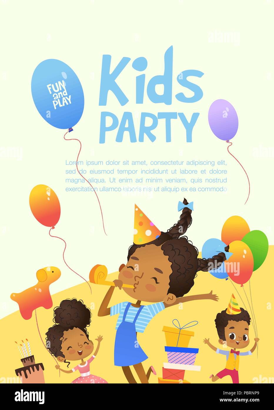 Joyous African-American kids in birthday hats and balloons happily jump ...
