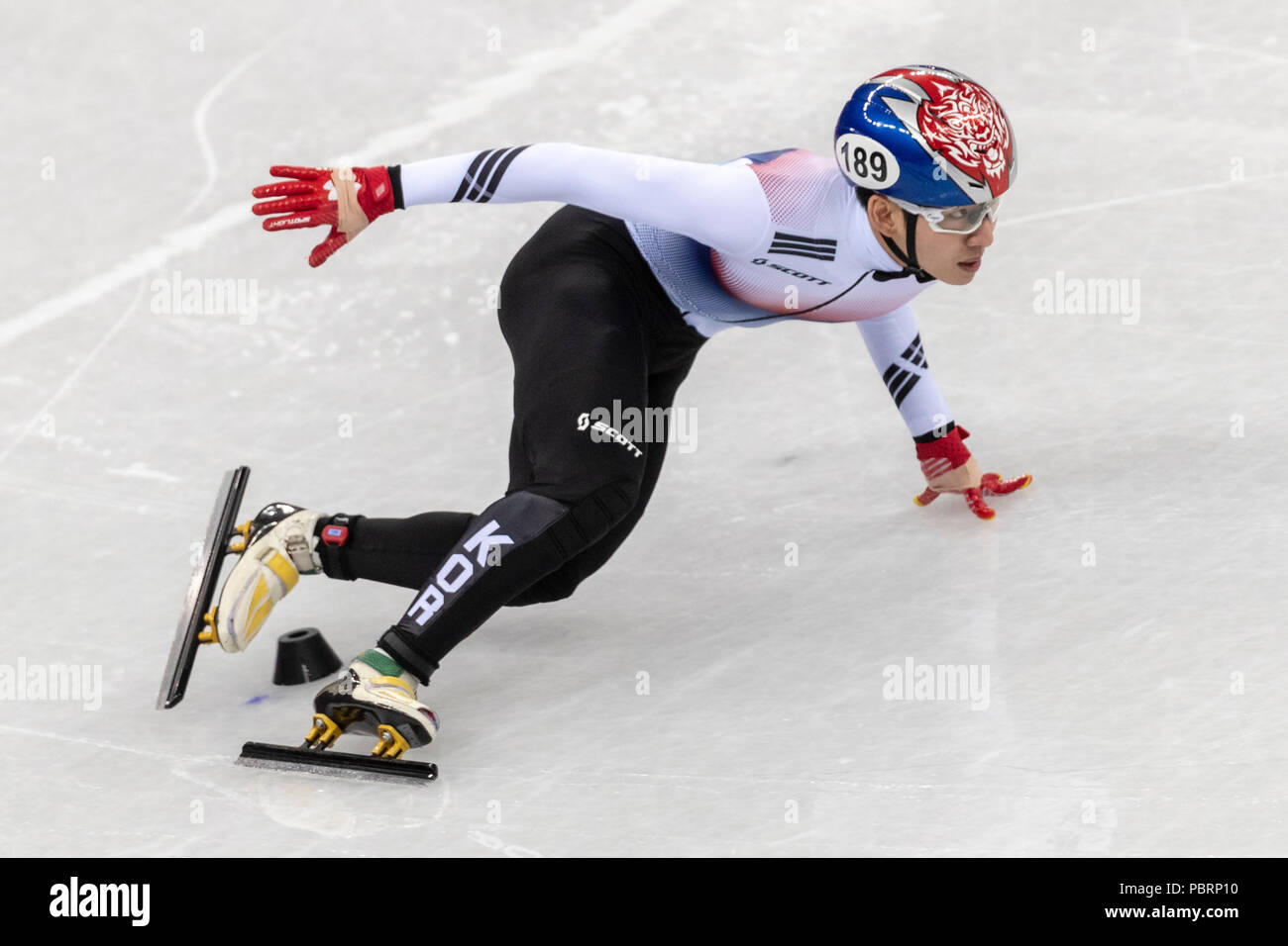 Lim Hyo-jun (KOR) #189 competing in the Short Track men's 500m heat #4 ...