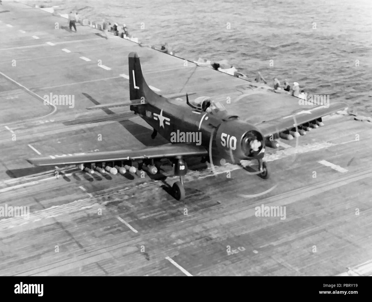 AD-4 of VA-75 taking off from USS Bon Homme Richard (CV-31) off Korea ...