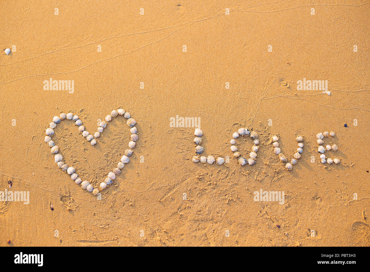 On the sand shells lined with heart and the word love Stock Photo - Alamy