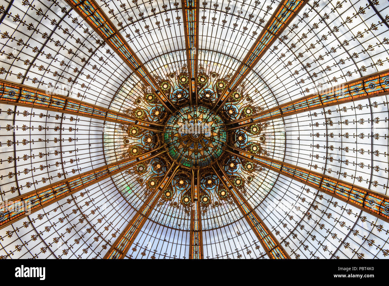 PARIS, FRANCE - JUN 6, 2015: Glass roof of the Galeries Lafayette city ...