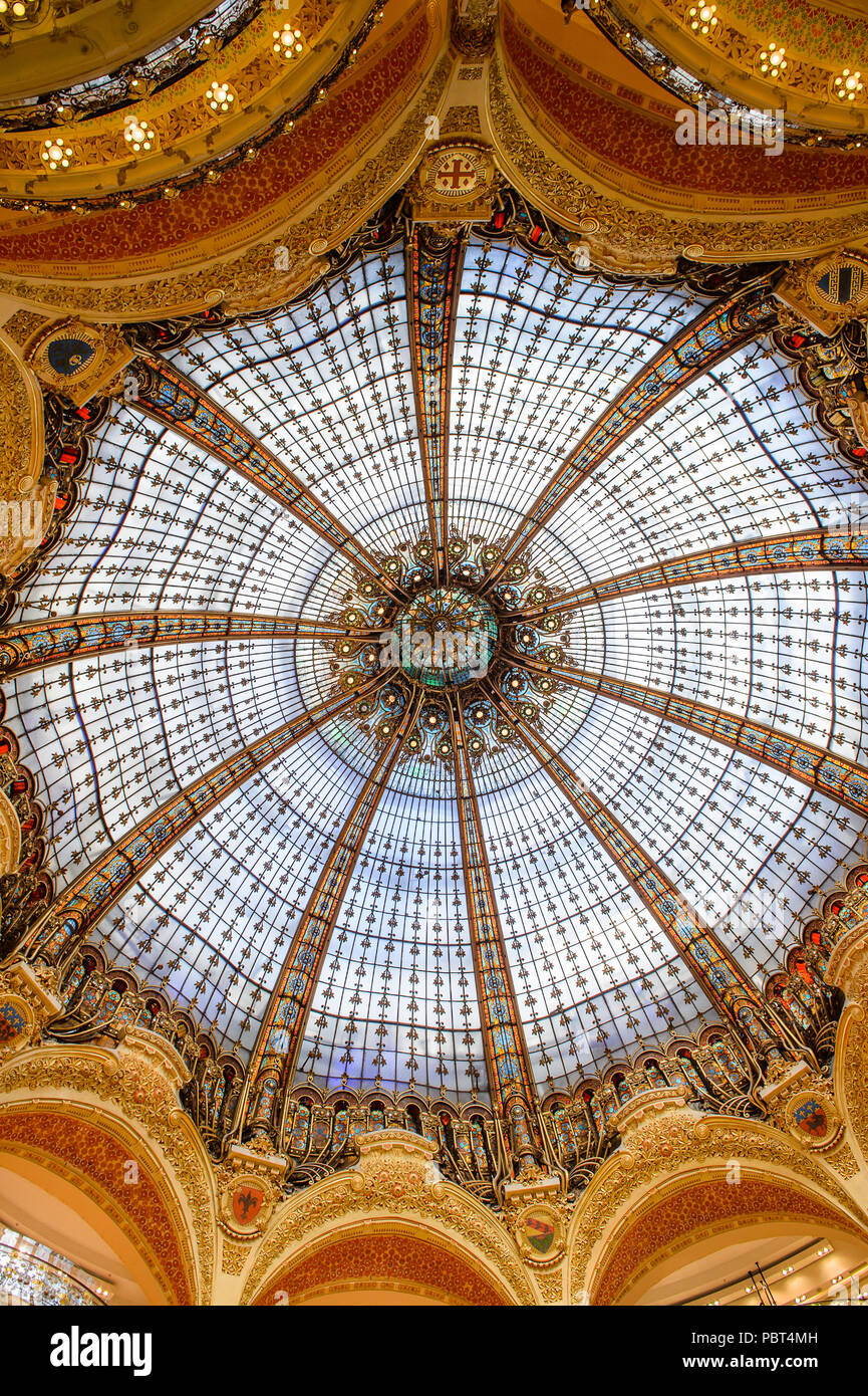 PARIS, FRANCE - JUN 6, 2015: Glass roof of the Galeries Lafayette city ...
