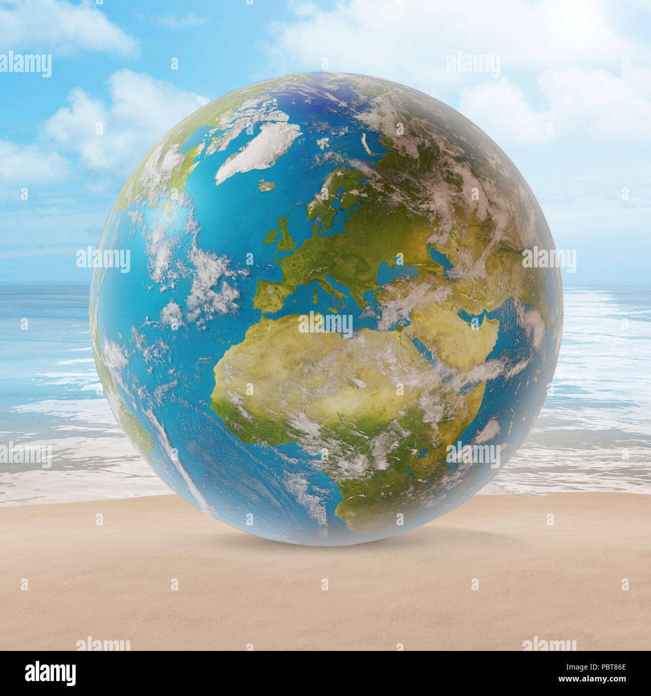 world wide planet earth on the beach earth 3d-illustration Stock Photo ...