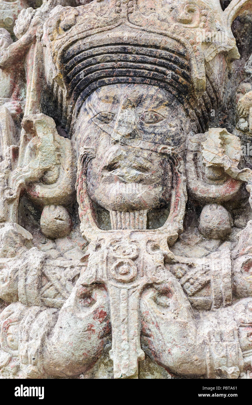 Close view of the one of the gods of Maya Civilization, Copan, an archaeological site of the ...