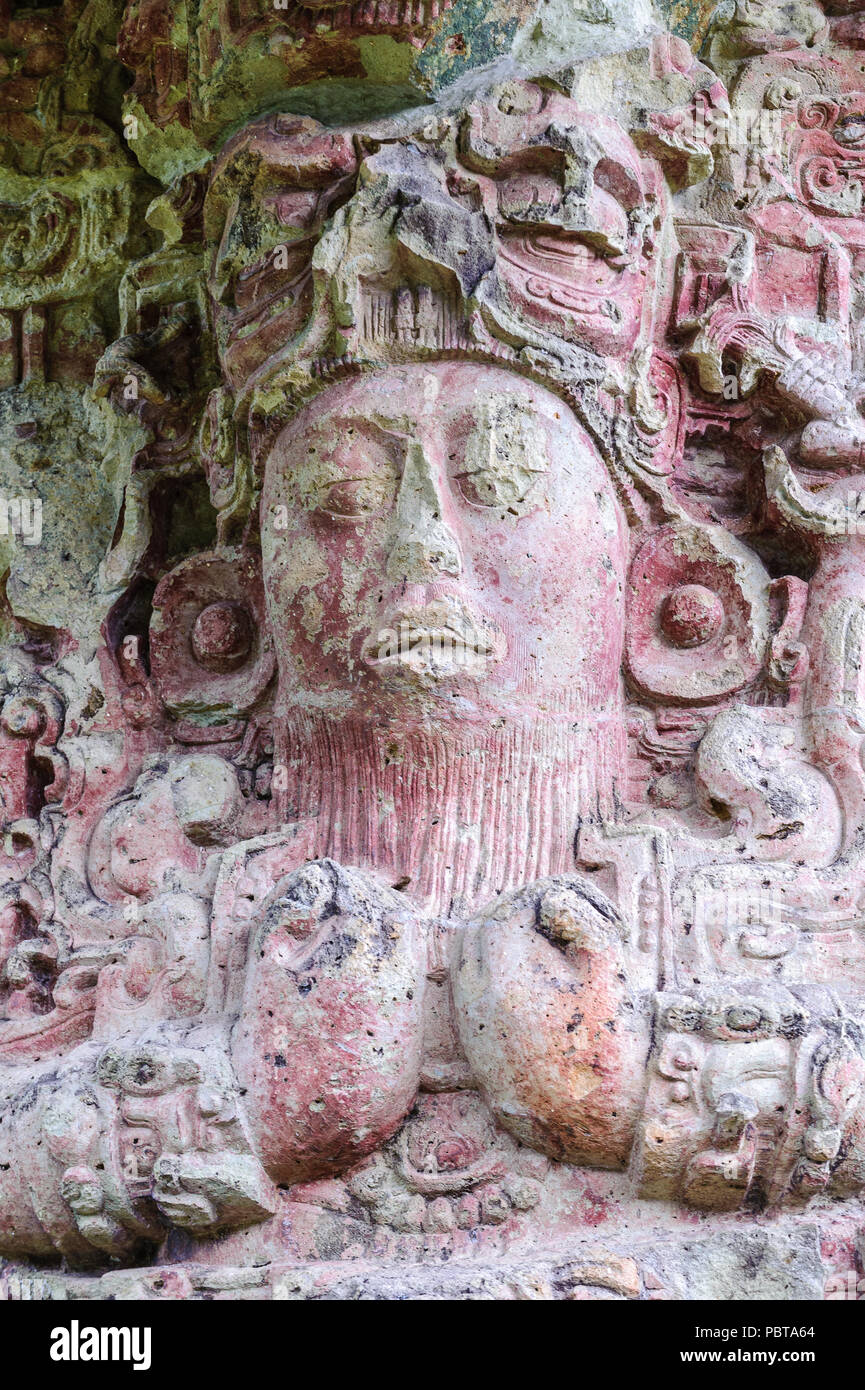 Close view of the one of the gods of Maya Civilization, Copan, an archaeological site of the ...