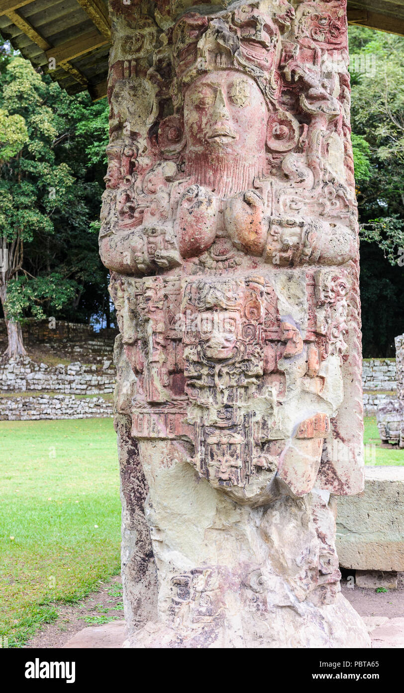 One of the stelas of Copan, an archaeological site of the Maya civilization, Honduras Stock ...
