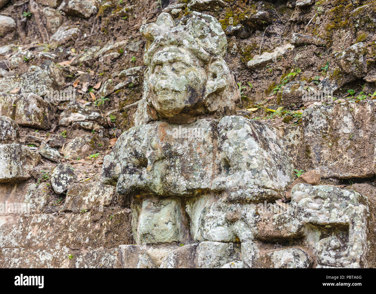 Close view of the one of the gods of Maya Civilization, Copan, an archaeological site of the ...