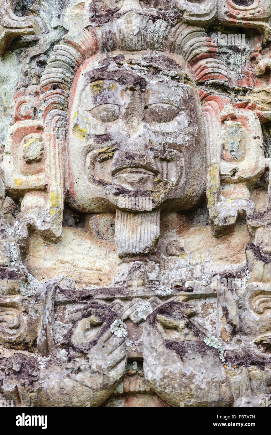 Close view of the one of the gods of Maya Civilization, Copan, an archaeological site of the ...