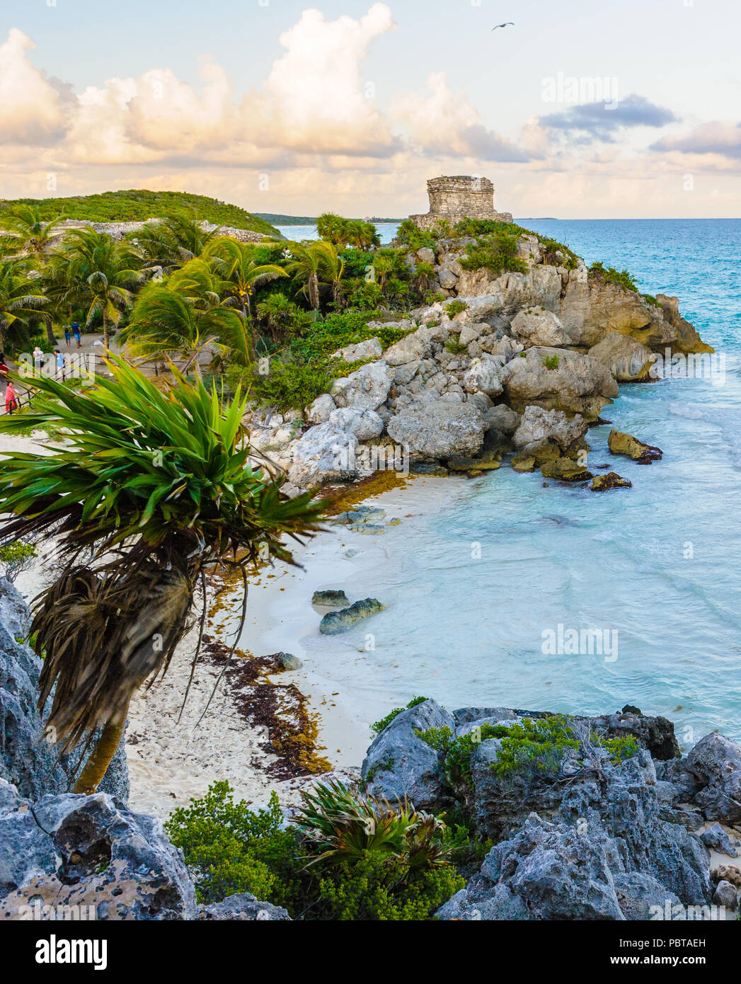 Mayan castle, God of Winds Temple, on the rock over the ocean in Tulum ...