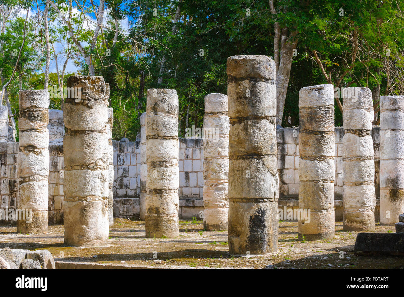 Columns in the Temple of a Thousand Warriors of Chichen Itza, a large ...