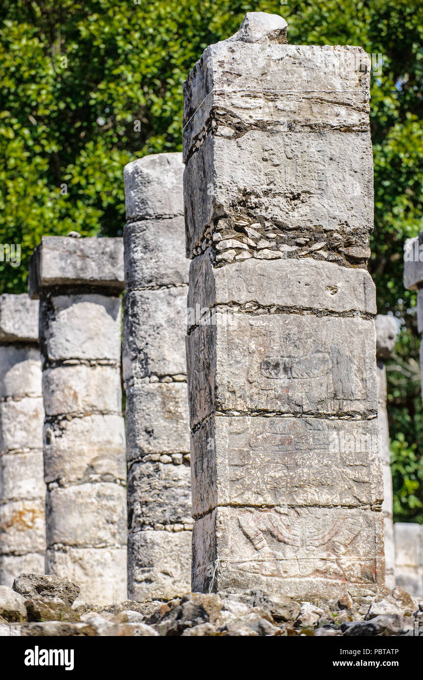 Columns of the temple in Chichen Itza, a large pre-Columbian city built ...