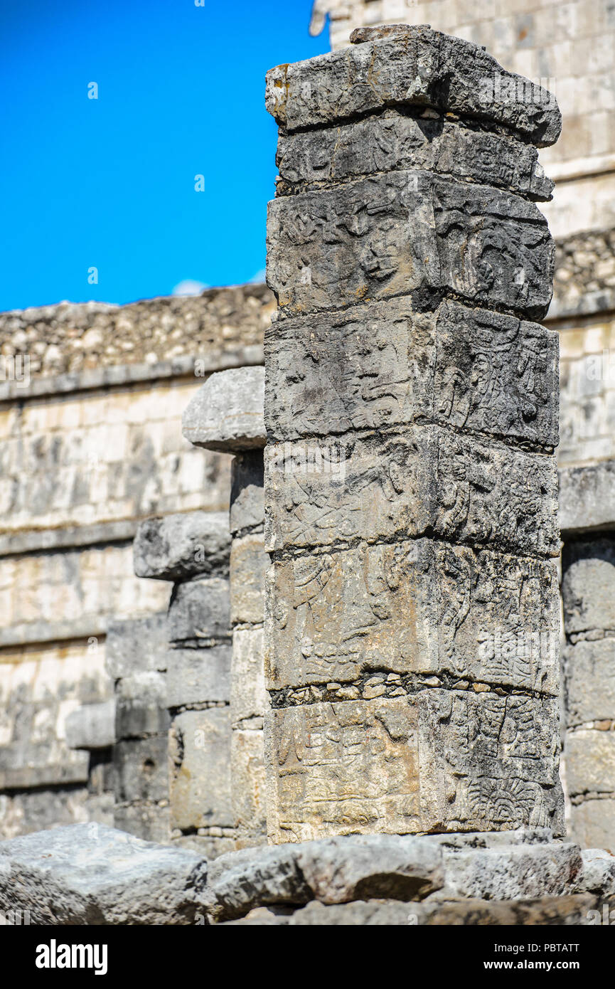 Columns of the temple in Chichen Itza, a large pre-Columbian city built ...