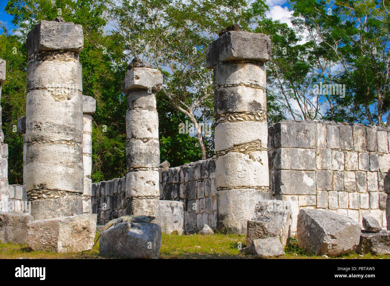Columns of the temple in Chichen Itza, Maya civilization. Mexico Stock ...