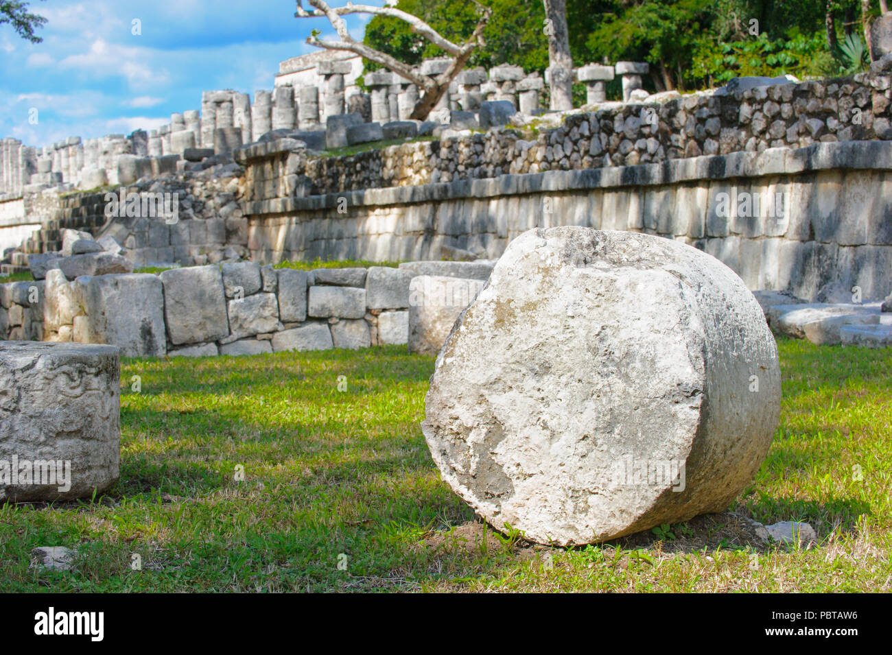 Columns of the temple in Chichen Itza, Maya civilization. Mexico Stock ...