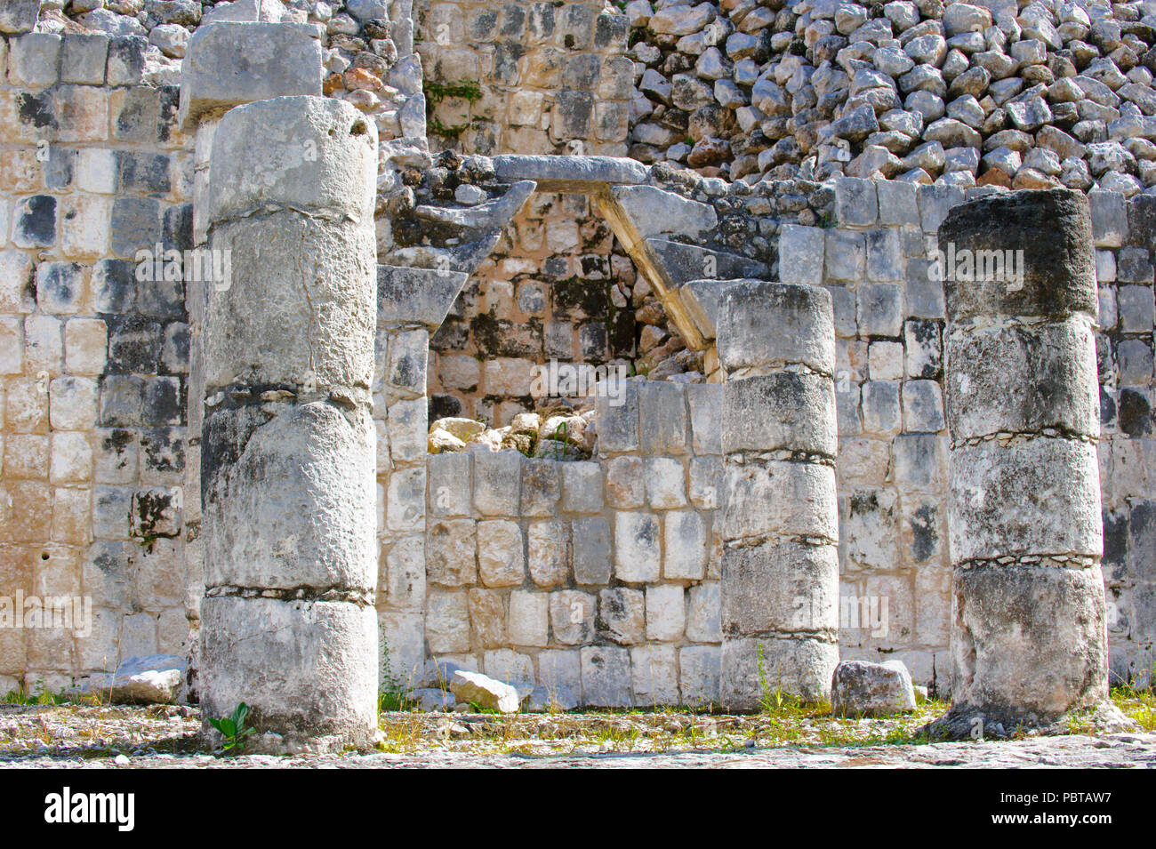 Columns of the temple in Chichen Itza, Maya civilization. Mexico Stock ...
