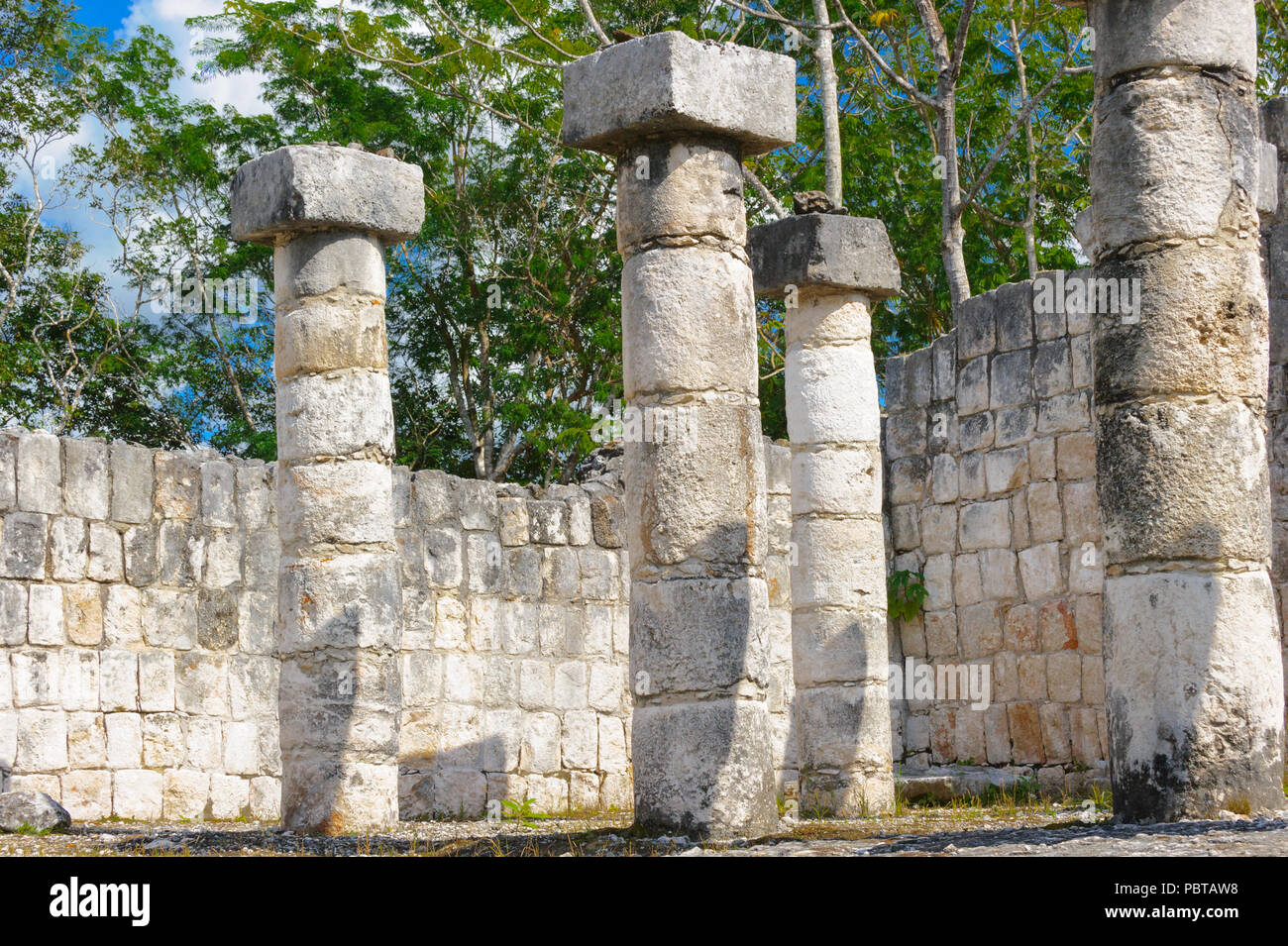 Columns of the temple in Chichen Itza, Maya civilization. Mexico Stock ...