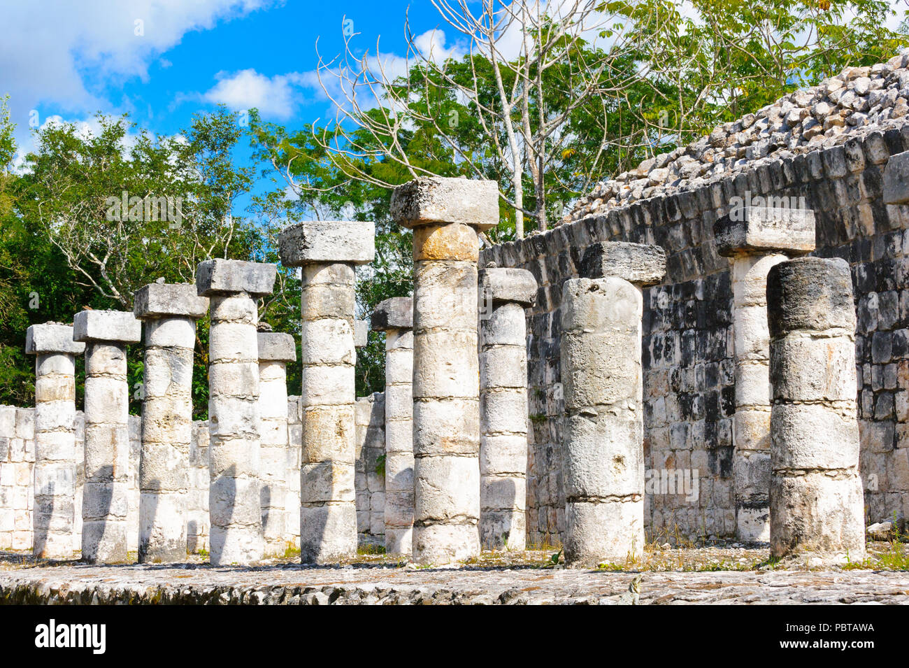 Columns of the temple in Chichen Itza, Maya civilization. Mexico Stock ...