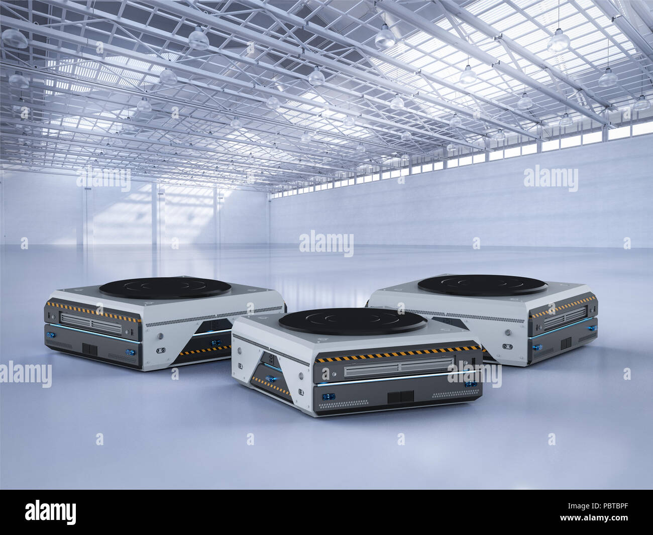 3d rendering three warehouse robots on white background Stock Photo - Alamy