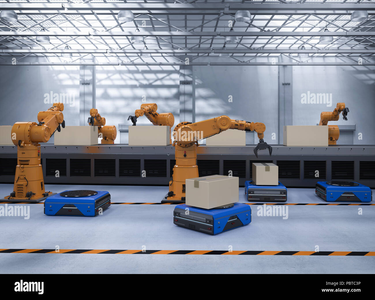 Automation factory concept with 3d rendering robot arm with warehouse ...