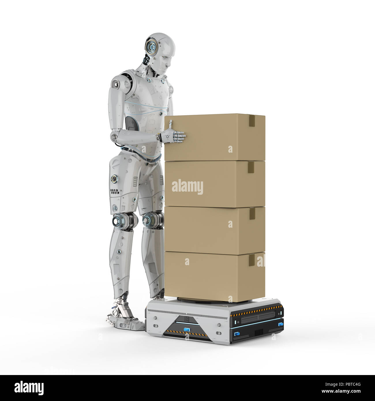 3d rendering robot work with warehouse robot carry cardboard boxes Stock Photo - Alamy