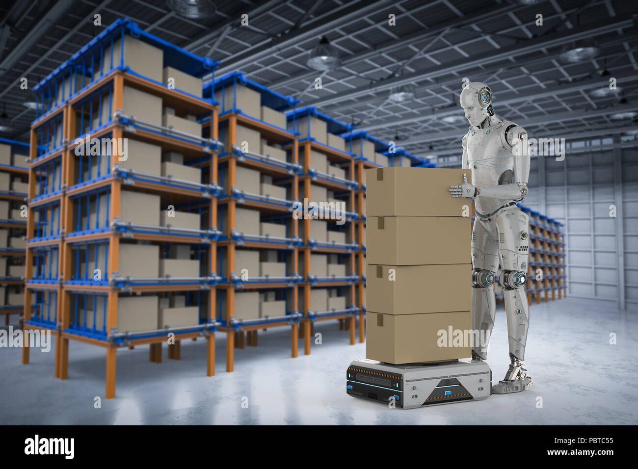 3d rendering robot work with warehouse robot carry cardboard boxes ...