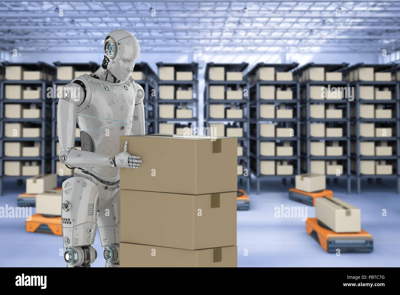 3d rendering robot work with warehouse robot carry cardboard boxes ...