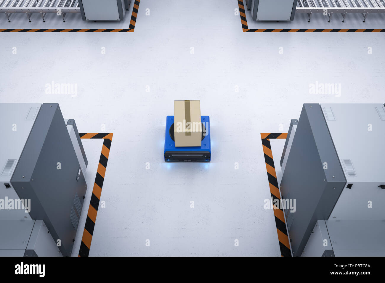 3d rendering warehouse robot carry cardboard box Stock Photo - Alamy