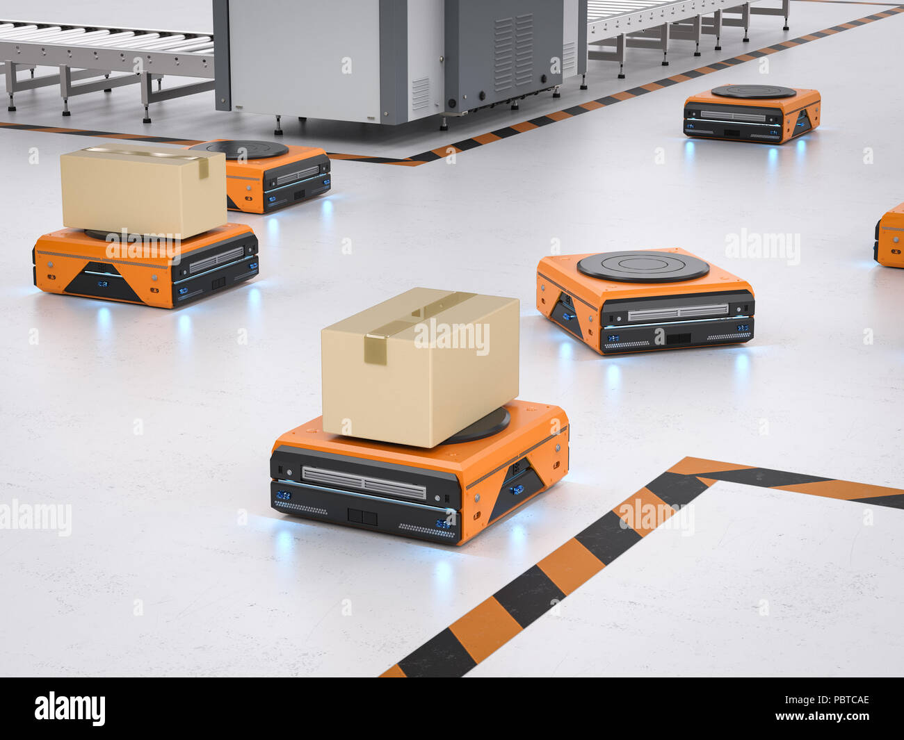 3d rendering warehouse robot carry cardboard box Stock Photo - Alamy