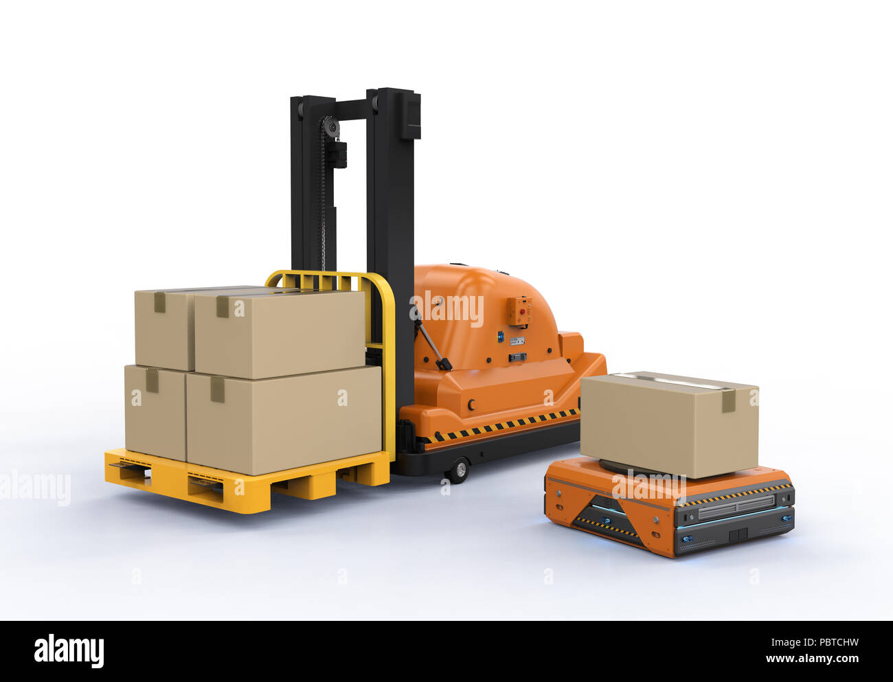 3d rendering automatic forklift with warehouse robot in factory Stock ...