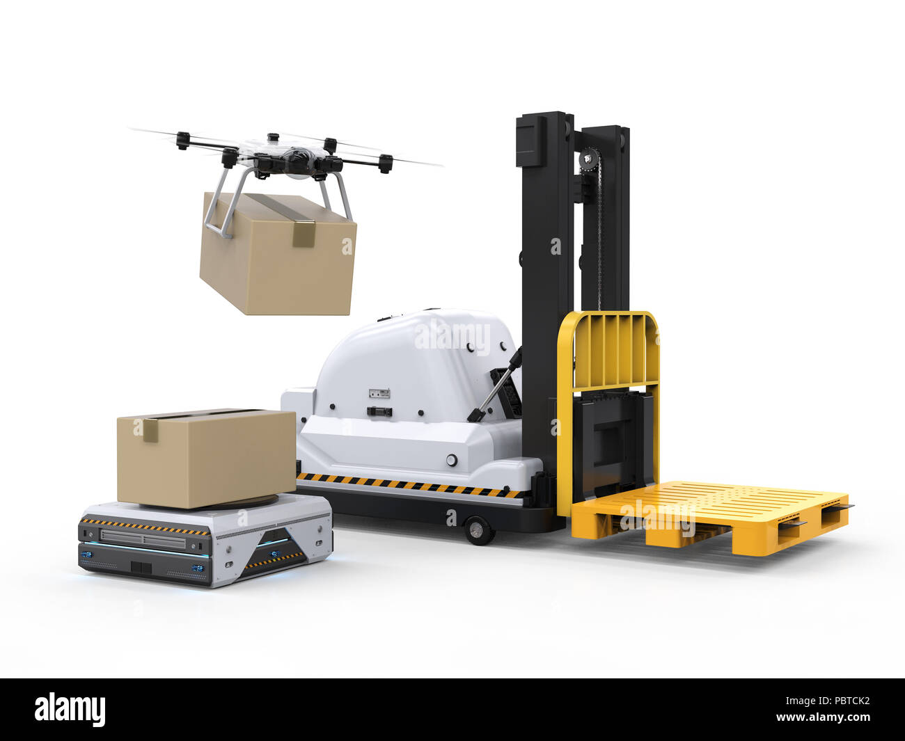 3d rendering automatic forklift with warehouse robot and drone in ...