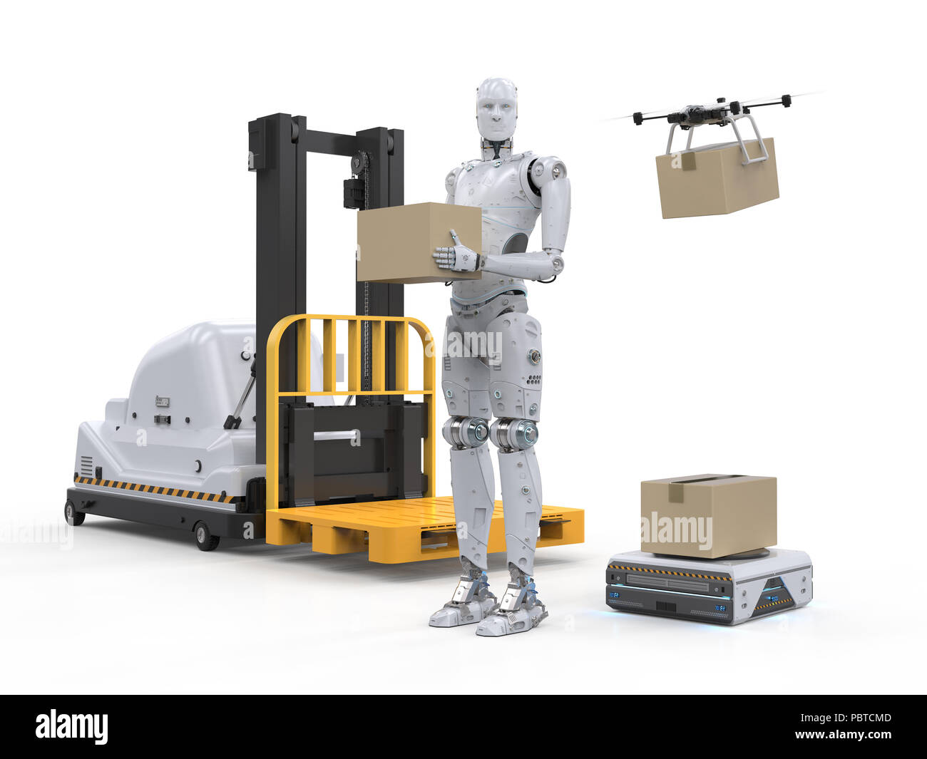 3d rendering automatic forklift with warehouse robot and drone in ...