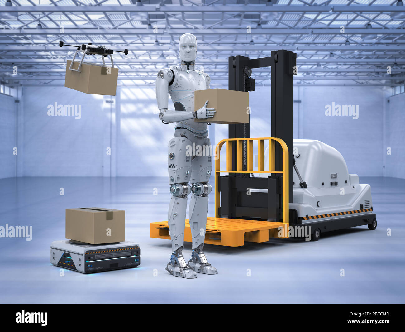 3d rendering automatic forklift with warehouse robot and drone in ...