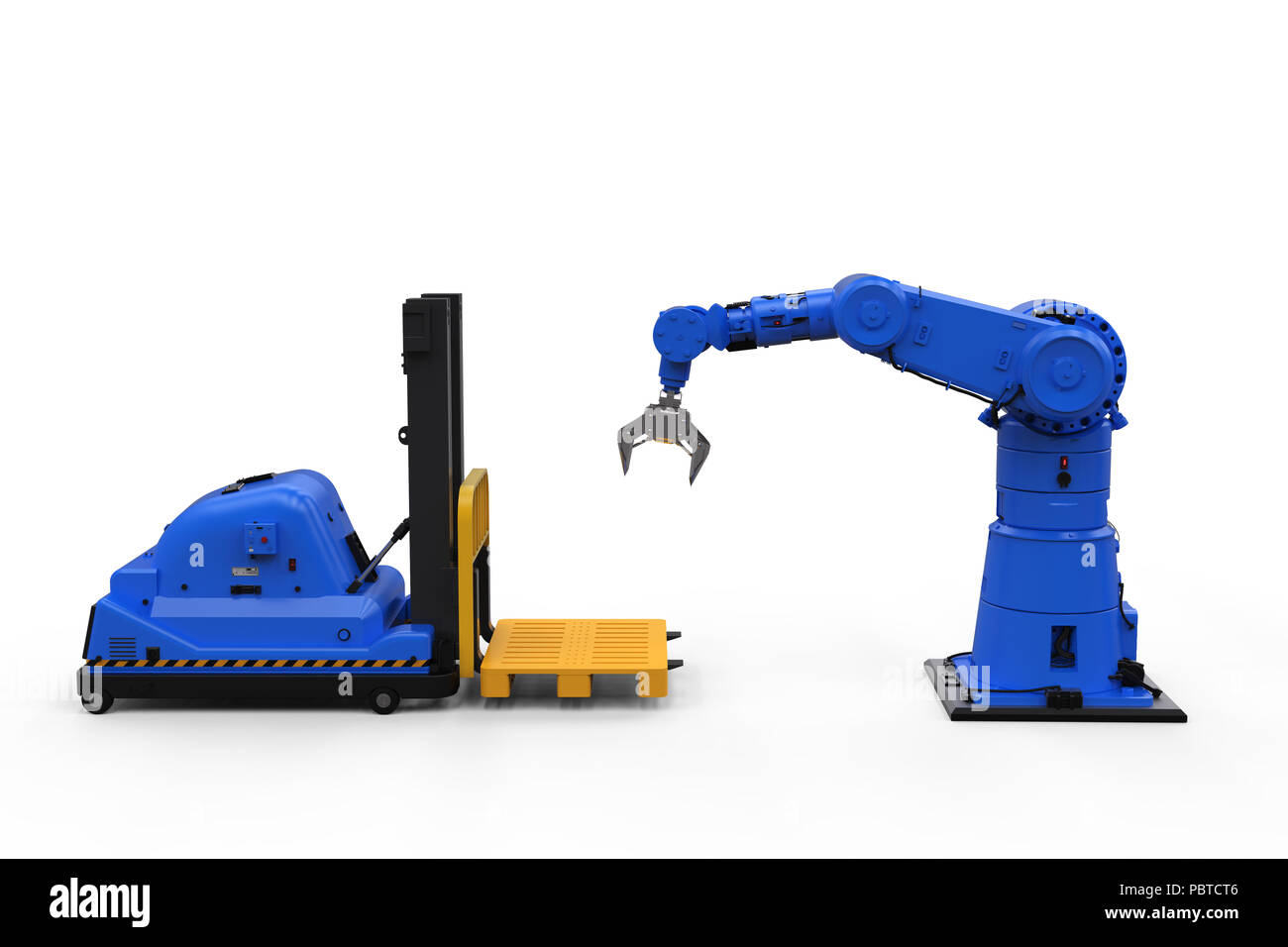 3d rendering automatic forklift and robot arm on white background Stock Photo - Alamy