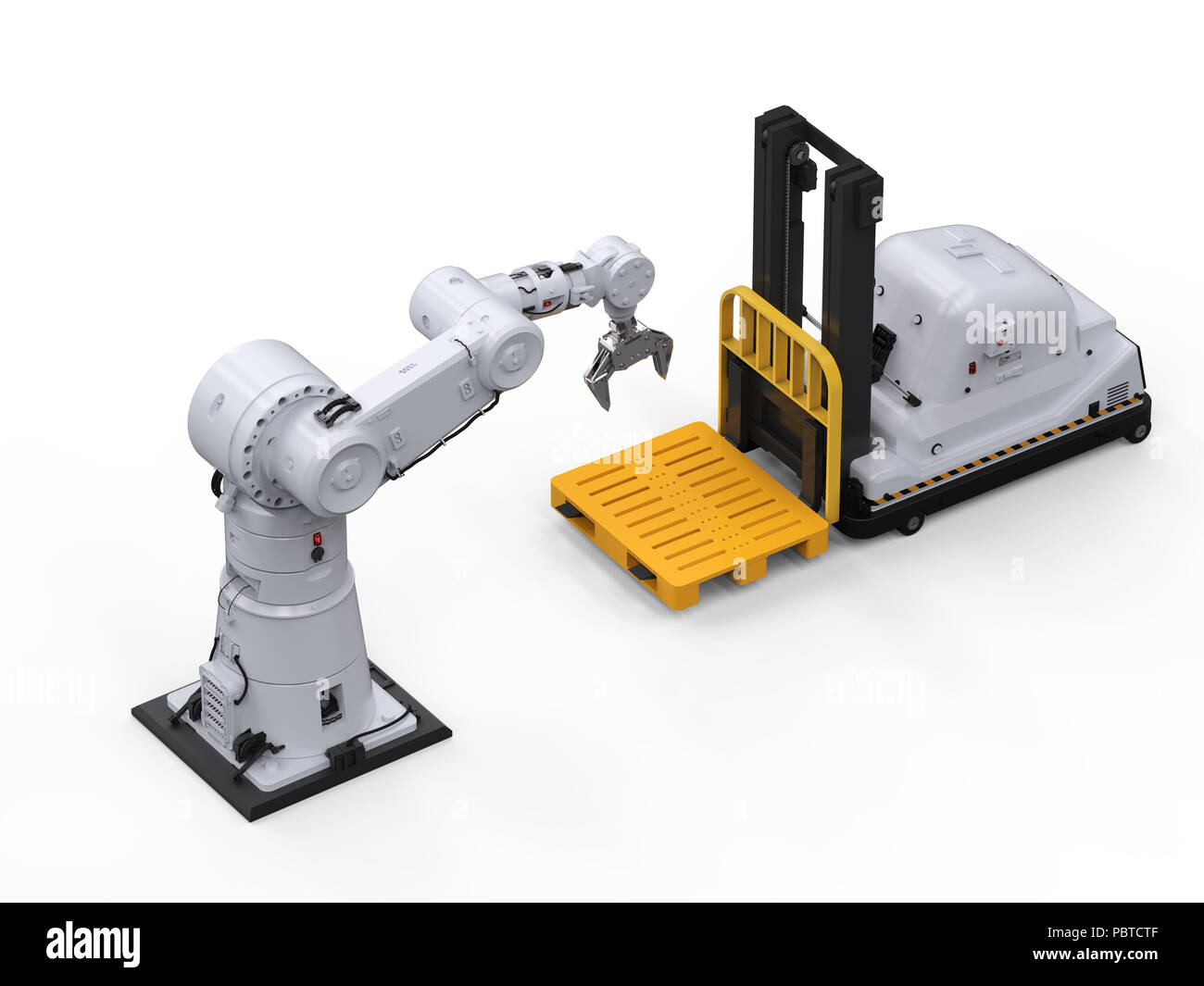3d rendering automatic forklift and robot arm on white background Stock Photo - Alamy
