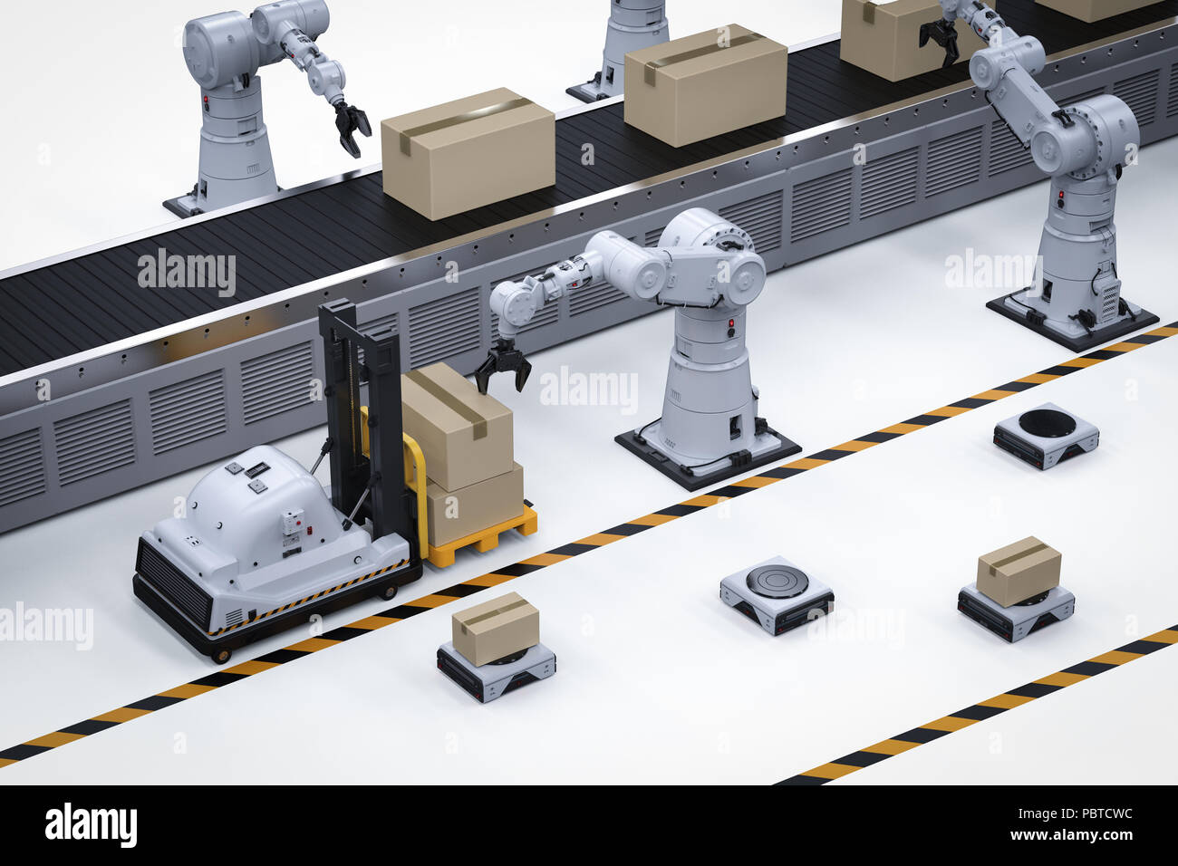 Automatic warehouse concept with 3d rendering robot arm with forklift ...