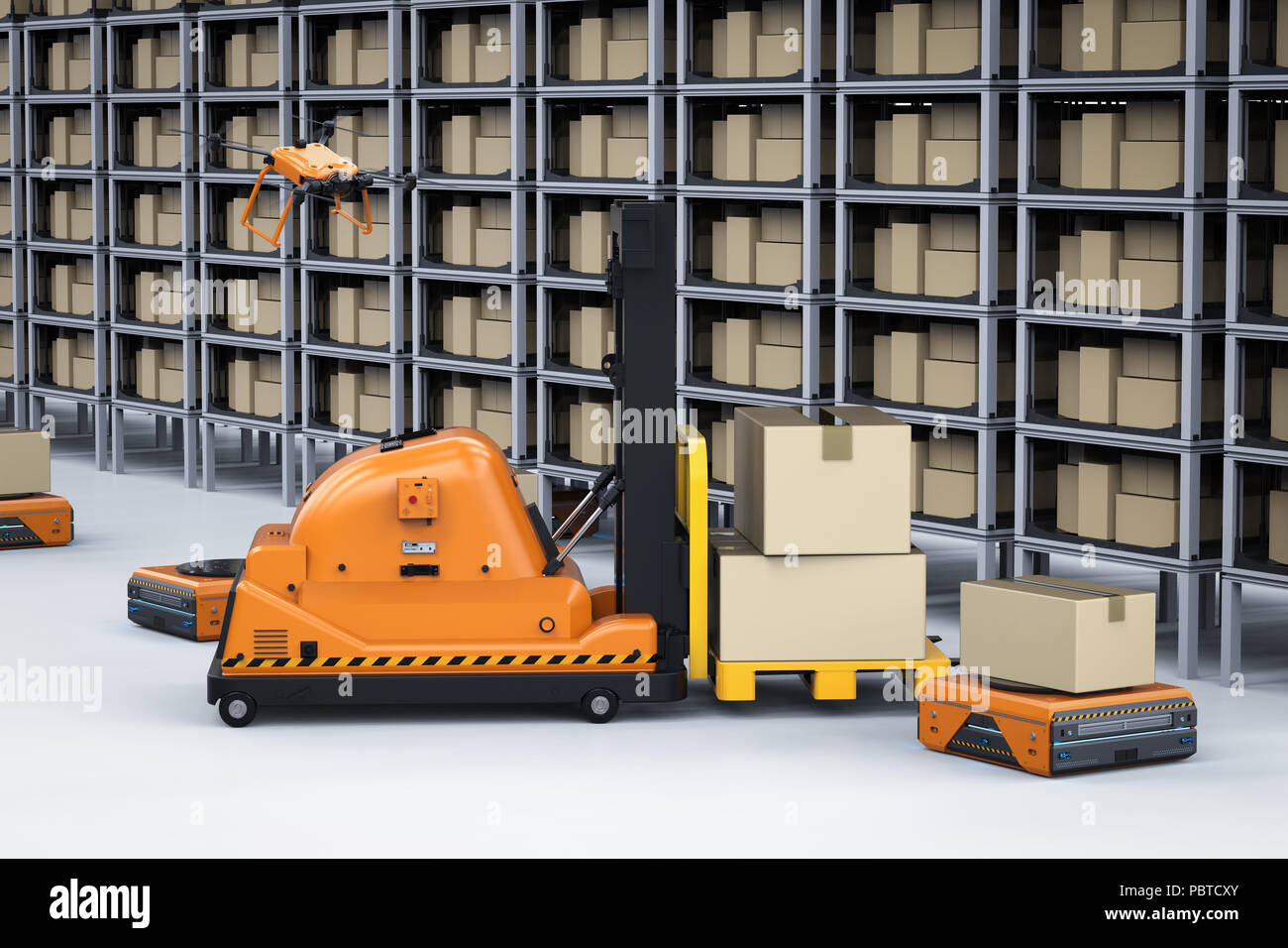 Automatic warehouse concept with 3d rendering automation robot work in ...