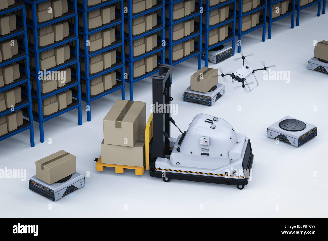 Automatic warehouse concept with 3d rendering automation robot work in ...