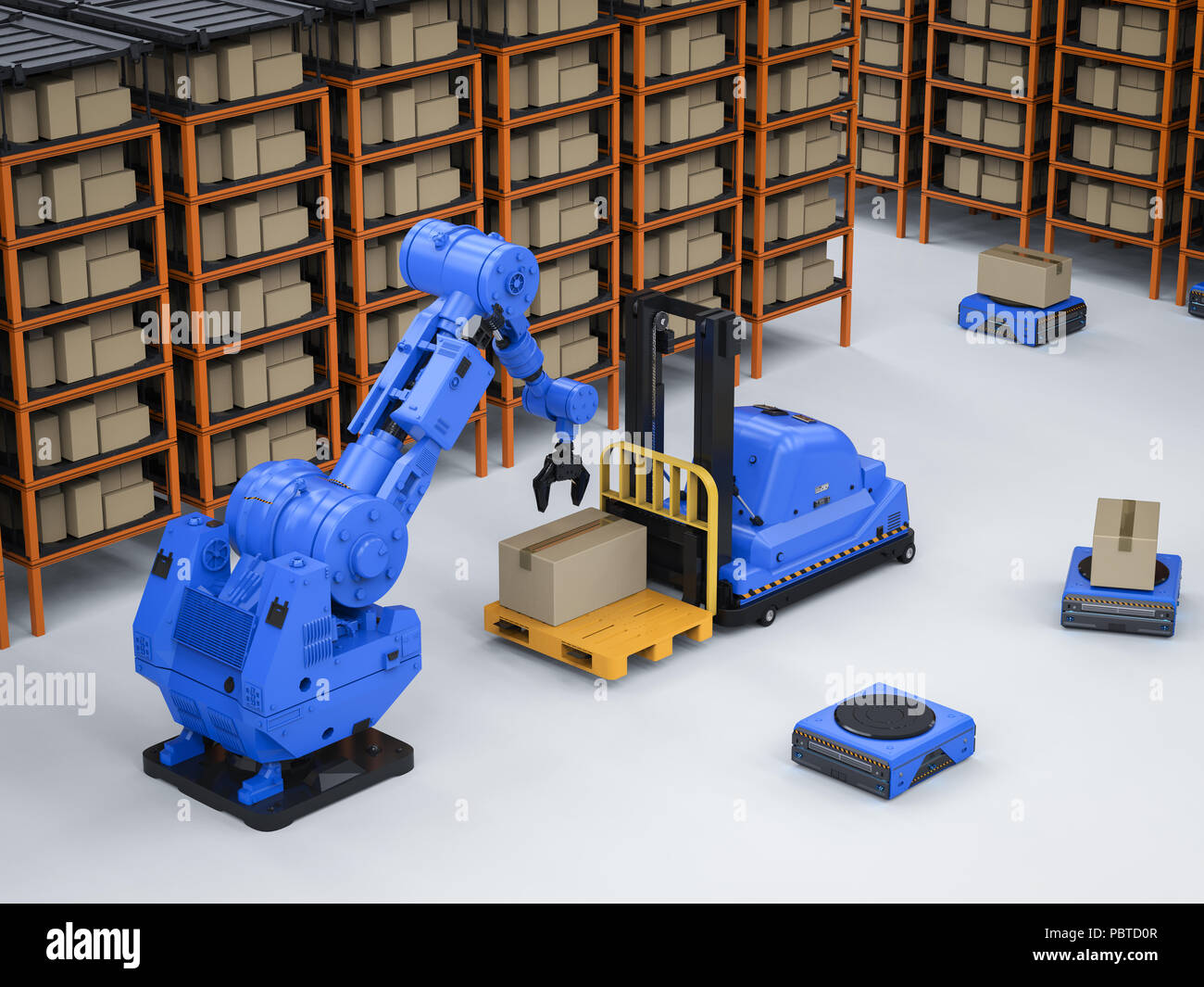 Automatic warehouse concept with 3d rendering robot arm with forklift ...