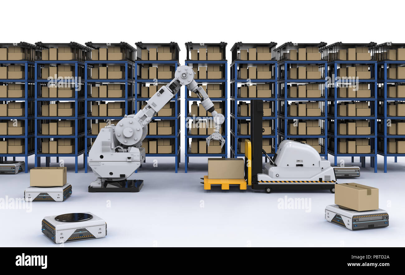 Automatic warehouse concept with 3d rendering robot arm with forklift ...